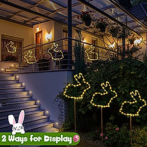 Easter Bunny Landscape Garden Pathway Window Light up Decor, 105 LEDs 3 Pack Metal Yard Sidewalk Lights, Holiday Rabbit Lamp Outdoor with Plug in Ground Stake for Patio, Yard, Lawn, Walkway Decoration
