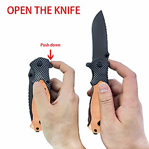 Labstandard Pocket Folding Knife with 3.4”Stainless Steel blade and wood handle-Folding hunting camping Knife with glass breaker,strap cutter,liner-lock and pocket clip
