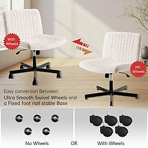 YFO Criss Cross Armless Home Office Chair with Replaceable Wheels/Fixed Base and Lumbar Support, Wide Seat Swivel Chair, Comfy Computer Chair, Beige