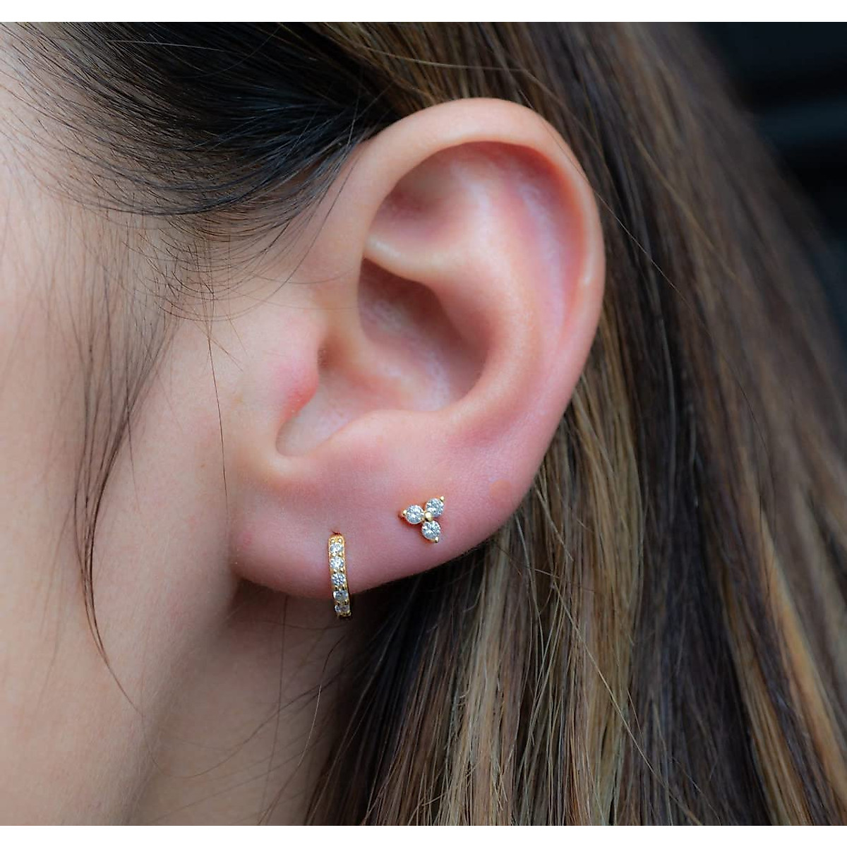 Solid 14k Gold Mini Lotus Cubic Zirconia Studs, Trefoil Trinity Triple Cluster Minimalist Earrings (White Gold)