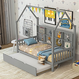 Bellemave Twin Size House Bed with Trundle and Storage Shelves, Montessori Bed Wood Playhouse Bed Frame,Wooden Kids Bed Frame with Roof Design(Twin,Gray)