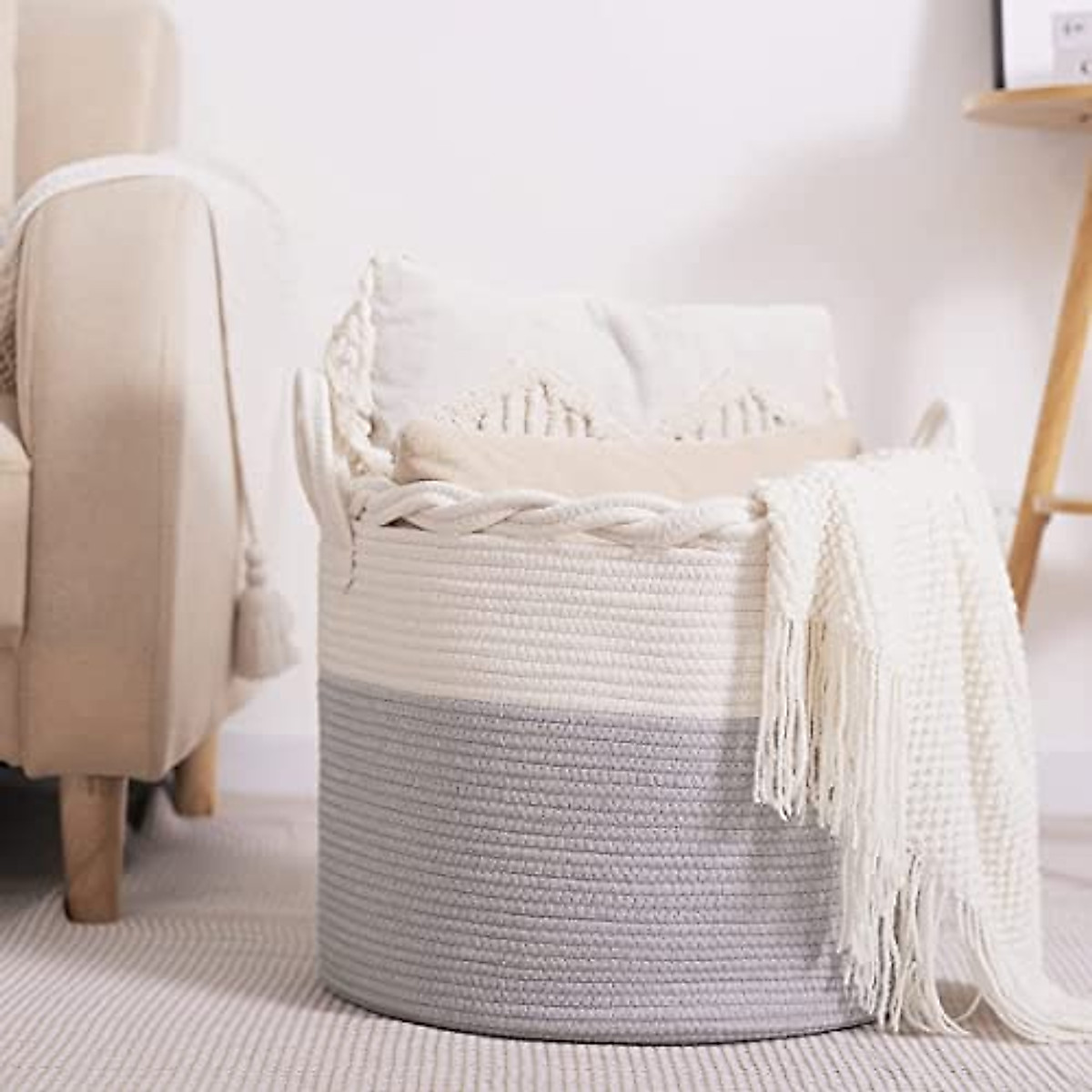 Eternal Beauty Cotton Rope Basket 17”W X14”H Large Woven Storage Basket for Blanket Living Room, Decorative Toy Baby Basket for Kids Nursery, Grey