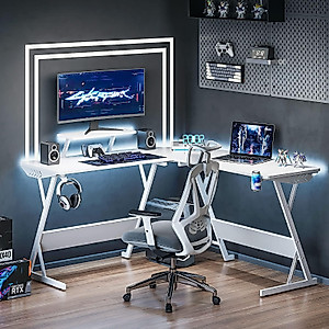 MOTPK White Gaming Desk with LED Lights, Carbon Fiber L Shaped Gaming Desk, Corner Gaming Desk L shape, Gamer Desk Gaming Table with Monitor Stand & Cup Holder & Headphone Hook, 51 Inch, Gift Ideas