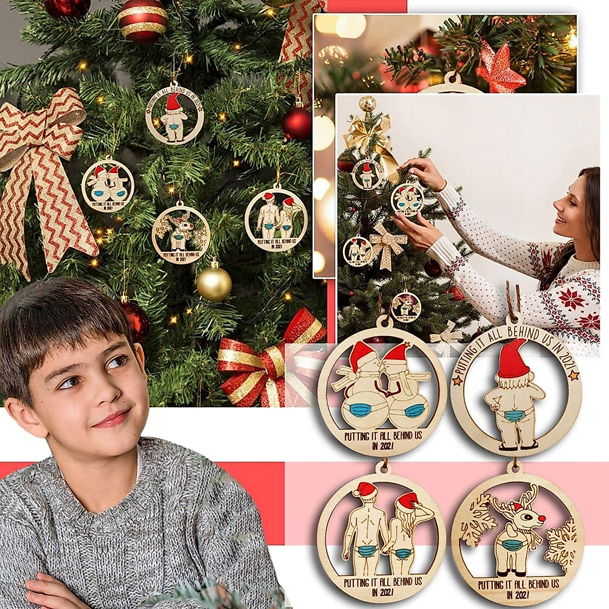 GTRXTAR 2021 Wooden Christmas Ornaments Christmas Tree Wooden Round Pendant Decoration, Christmas Tree Home Garden Decoration Hanging Ornaments (B) (D)