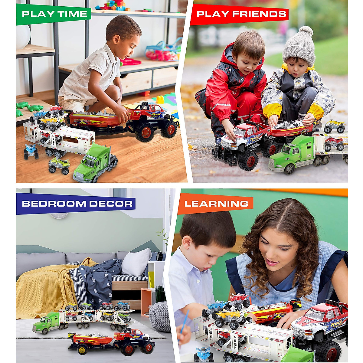 Mozlly Bundle of Friction Powered Hauler ATVs or Monster Trucks Car Carrier Playset & Monster Truck with Speed Boat Trailer Transport Toys - Push & Go