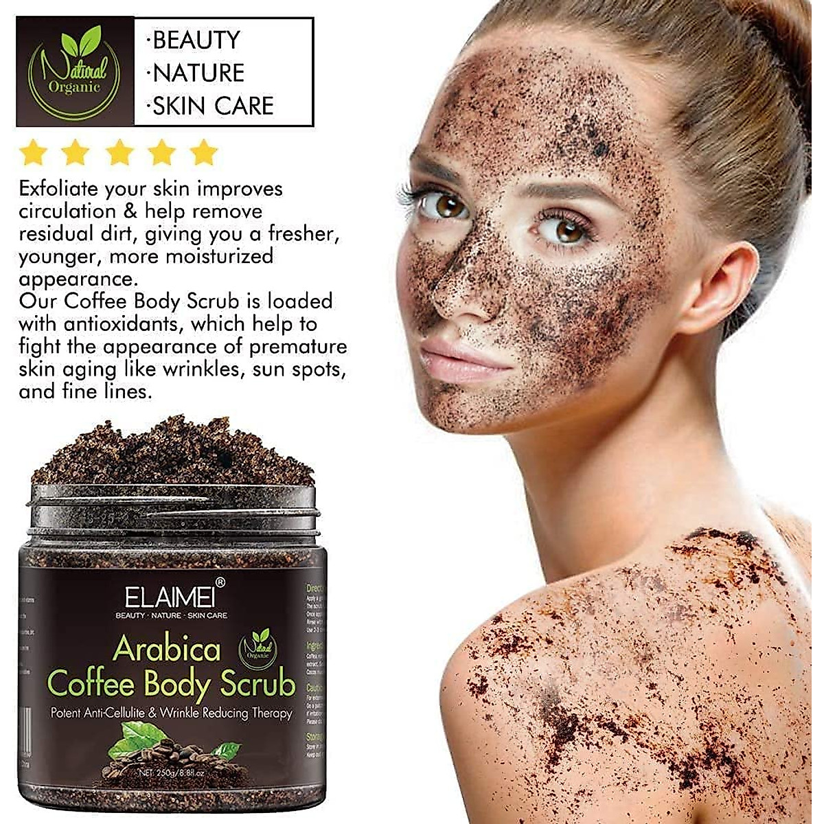 Natural Coffee Scrub with Organic Coffee Exfoliating Body Scrub, Best Acne, Anti Cellulite and Stretch Mark treatment, Spider Vein Therapy for Varicose Veins & Eczema