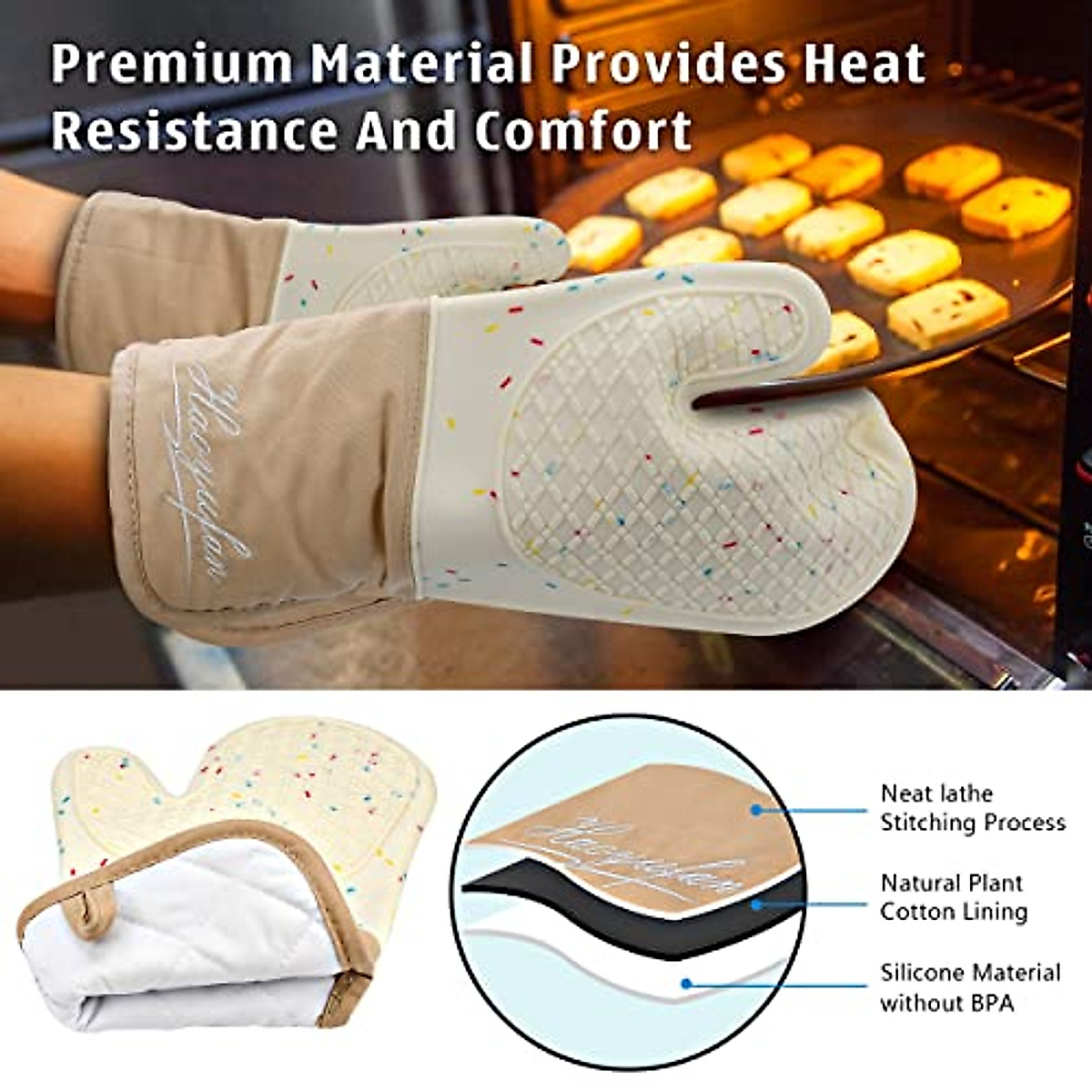 HaoYuFan Silicone Oven Mitts and Pot Holders Sets, Double Layer High Temperature Resistant Hot Pads and Oven Mitts, Cotton Lined Pot Holders and Oven Mitts Sets for Cooking, Grilling etc, Beige 3 Pcs