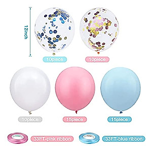 Gender Reveal Pink Blue Balloons - 60 Pack 12 Inch Pink and Blue Confetti Latex Party Balloons Arch Kit Pastel Balloons for Baby Shower Wedding Birthday Party Decoration - with 33ft Ribbon