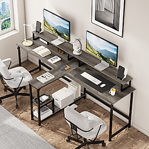COTUBLR Two Person Desk with Monitor Stand, 83.7 Inch Extra Long Computer Desk 2 Person Desk with Storage Shelves, Double Long Desk Study Writing Desk Workstation for Home Office, Grey Oak