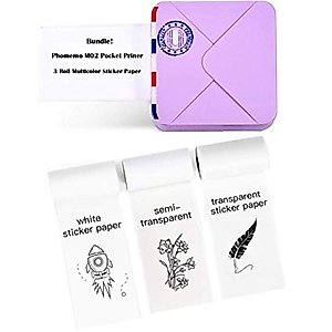 Phomemo M02s Mini Bluetooth Thermal Pocket Printer (Green) with 3 Rolls Adhesive White/Transparent/Semi-Transparent Paper, Compatible with iOS + Android for Plan Journal, Study Notes, DIY, Work, Gift