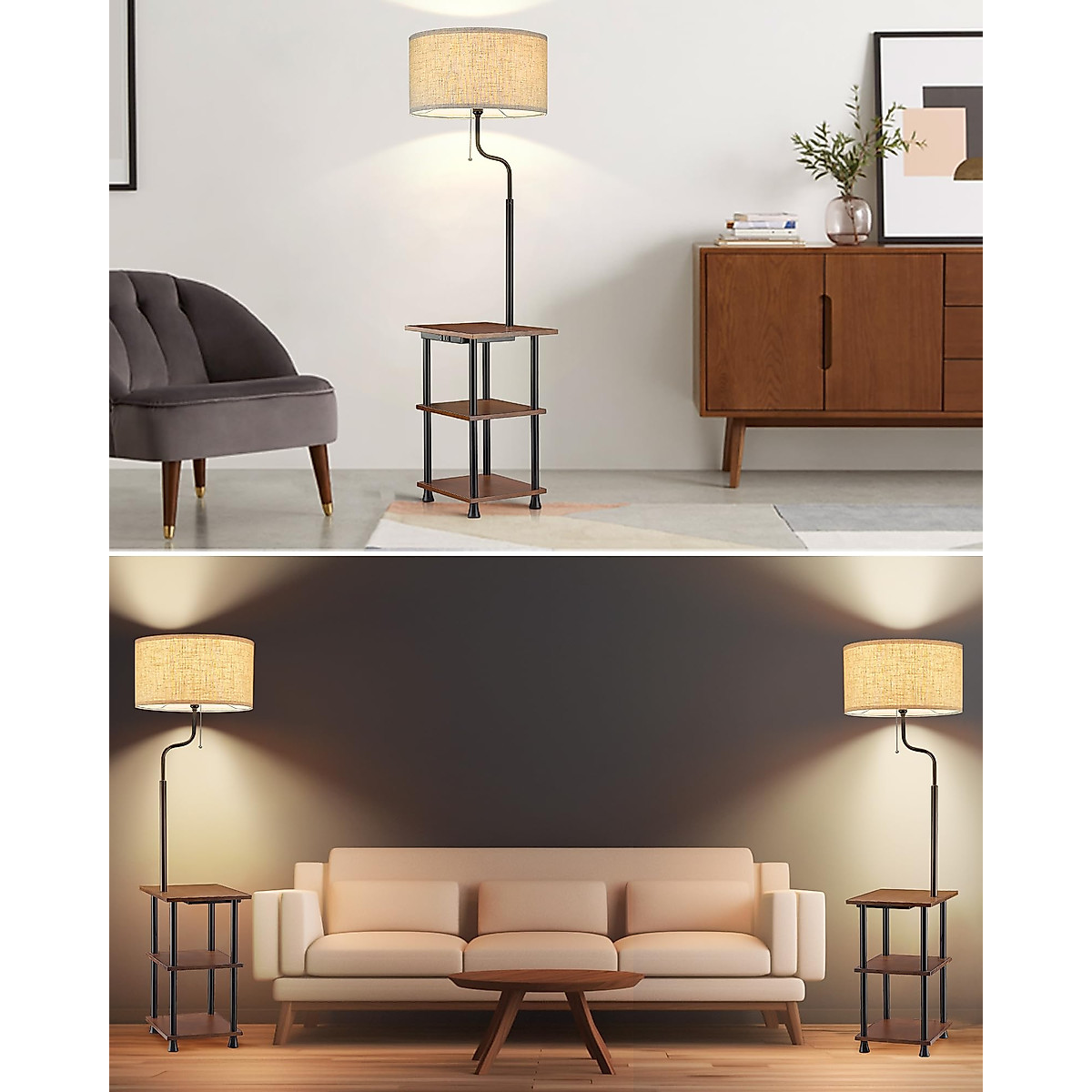 ELYONA Modern Boho Pendant Lights, Hand Woven Hanging Lamp with Dome Basket Shade & Rubber Wood Floor Lamp with Table for Farmhouse Kitchen Island Dining Room Living Room Hallway