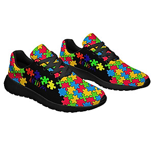 Autism Mom Shoes Womens Mens Running Sneaker Classic Autism Awareness Puzzle Print Tennis Walking Gym Shoes Gift for Mom Black Size 7.5