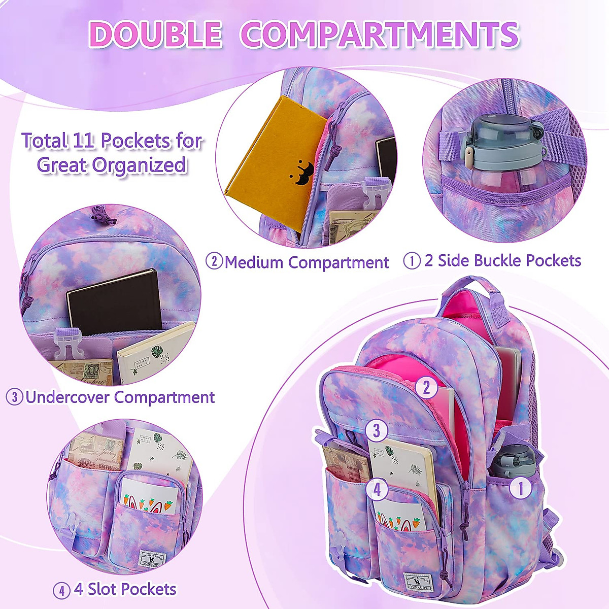 VX VONXURY Girls School Backpack,Water Resistant Kawaii Kids Book Bag Fits A4 Folder,Cute Teens Schoolbags