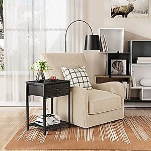 Nightstand with Fabric Drawer & Storage Shelf, Small Bedside Table Organizer for Small Space, 2 Tiers Industrial End Table, Side Table for Living Room, Tall 23.6" Night Stand for Bedroom, Black Oak