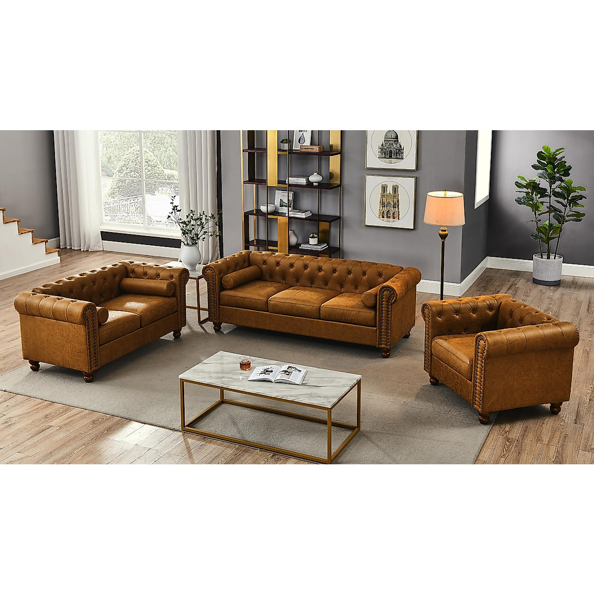Asucoora Upholstered Chesterfield Tufted Leather Sofa Couch for Living Room, Rolled Arm 3 Seater Sofa Couch with Nailhead Trim and 2 Neck Roll Pillows, Brown