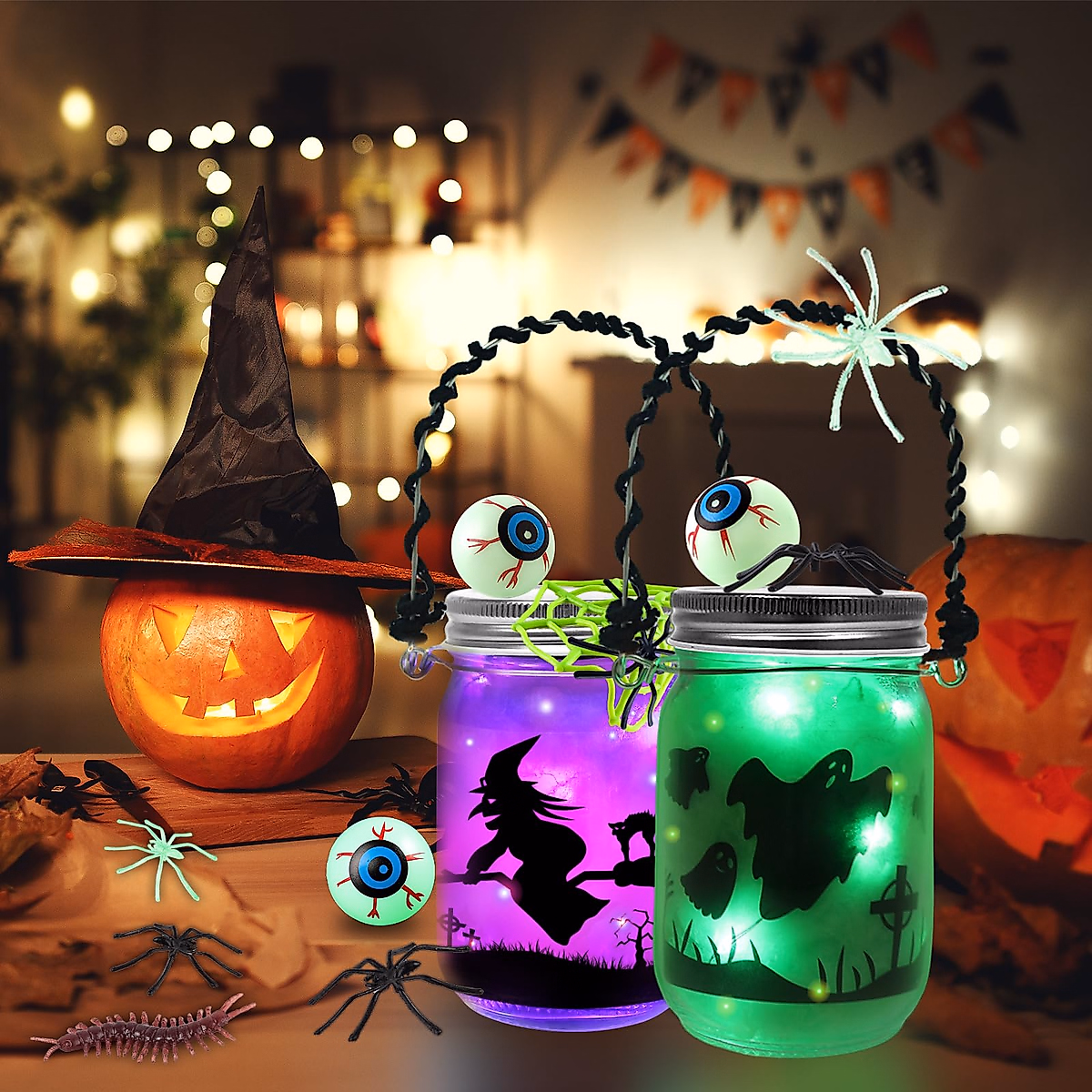 Halloween Crafts for Kids, 8 PCS Halloween Mason Jar with Accessories for DIY Craft, Halloween Art Party Favor Supplies, Halloween Decoration Trick or Treating, Classroom Halloween Art Activities