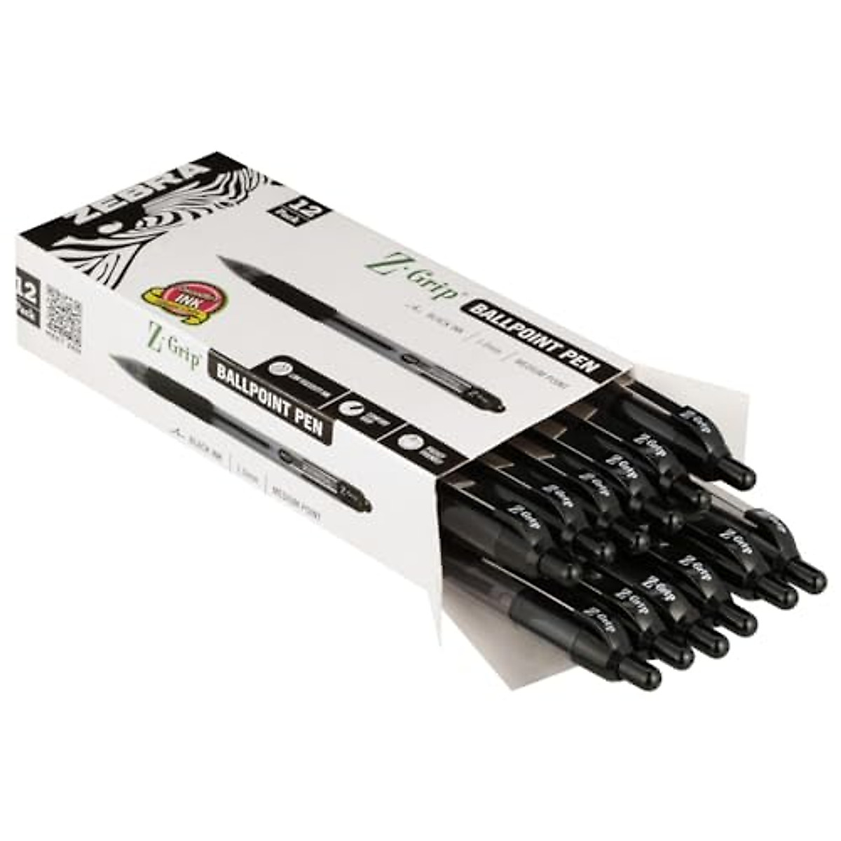 Zebra Pen Z-Grip Retractable Ballpoint Pen, Medium Point, 1.0mm, Black Ink, 12-Count