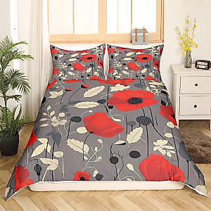 Feelyou Poppy Flower Bedding Set Queen Size Kids Garden Floral Bltanical Comforter Cover Set for Boys Girls Teens Red Poppy Leaves Duvet Cover Dark Grey Bedspread Cover (No Comforter)