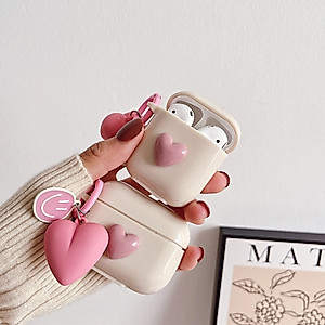 Compatible with AirPods Case Cute Kawaii Airpod Case 1st/2nd Generation Pink Heart Design Soft Silicone Cute Airpod Cases Cover with Kawaii Heart Keychain for Girls Women (AirPods 1&2 Case)