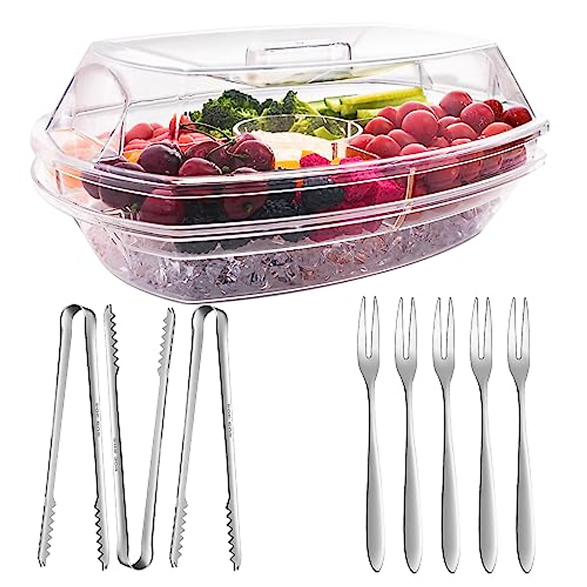 Funyakit Extra Large Appetizer Serving Tray on Ice with Stainless Steel Tongs and Forks, Chilled Platter with Lid, 4 Compartments for Shrimp Cocktail Fruits Veggies Seafood Dips, Cold Dish for Party
