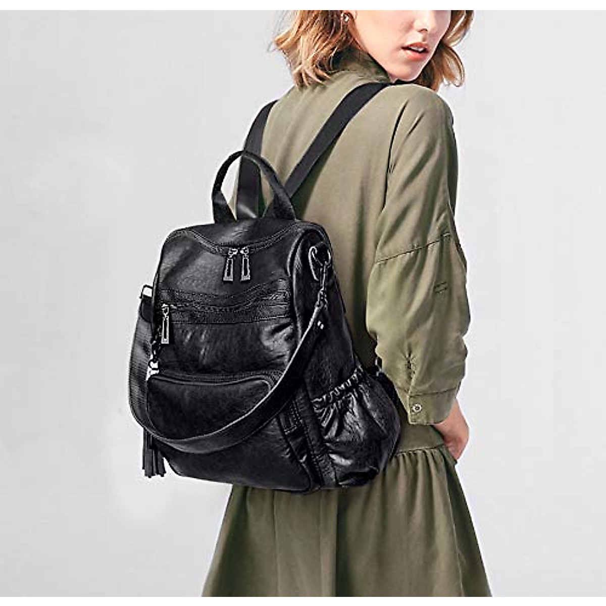 UTO Women Backpack Purse Leather Vegan Ladies Fashion Designer Rucksack Convertible Travel Shoulder Bag with Tassel Black