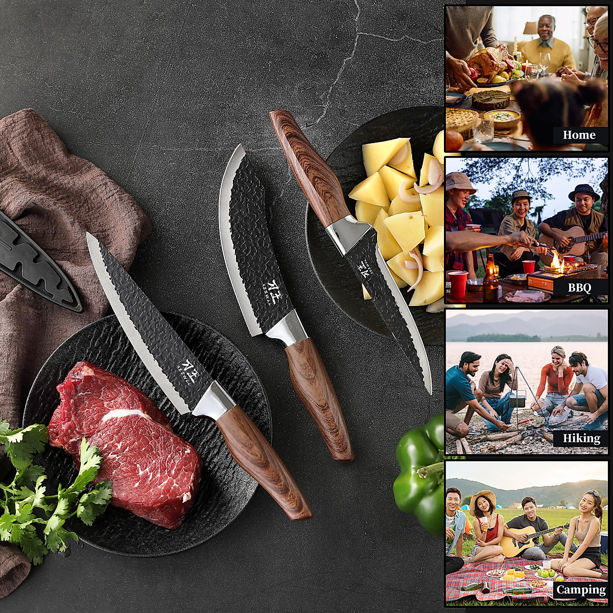 XZZWLL Chef Knife Set, 3 Pieces Kitchen Knives with Sheath, 7” Chef knife 6” Cleaver knife and 5.5” Boning Knife - Ergonomic Handle with Anti-Corrosion Blade