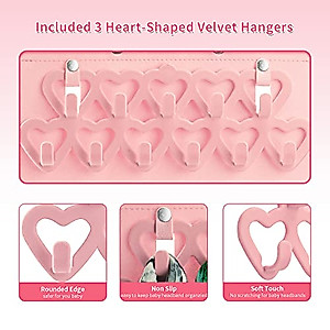 PACMAXI Hanging Headband Holder For Baby Girls, Headbands Organizer For Baby Girls, Baby Bow Holder Organizer W/heart-shape Velvet Hangers, Newborn Bows And Headbands Storage(Pink)