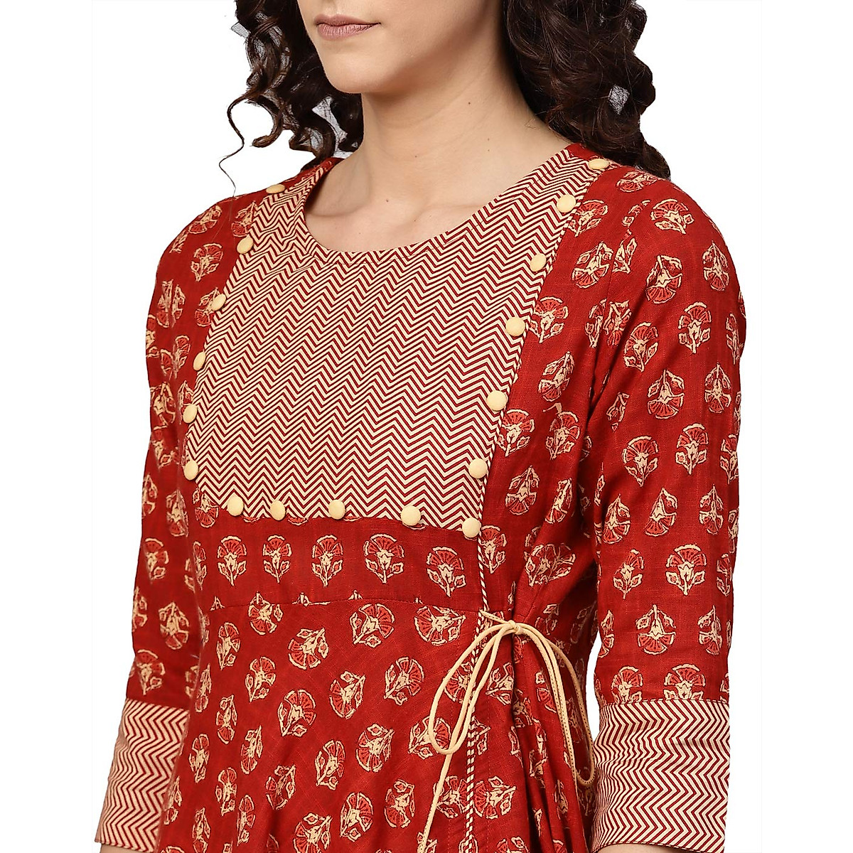 Yash Gallery Women's Cotton Slub Floral Print Angrakha Kurtis (Rustic Brown)
