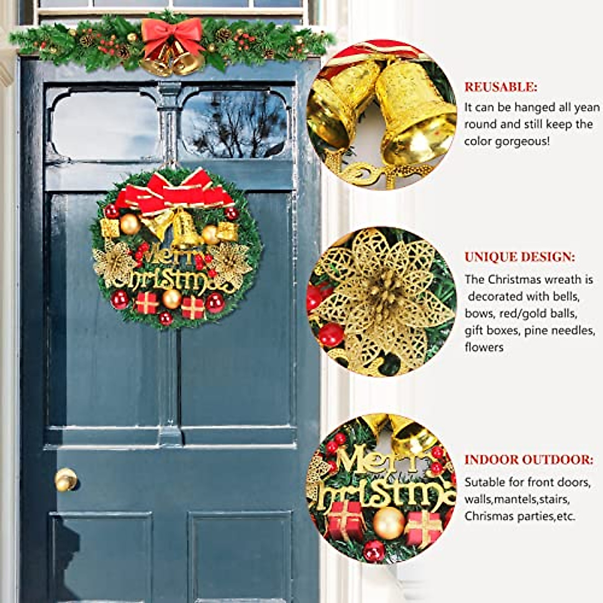 Skycase Christmas Wreath, 32cm/2.6 inch Artificial Christmas Decoration Crafts Wreath with Bell for Front Door Holiday Party Wedding Office Home Garden Christmas Tree Wall Decor