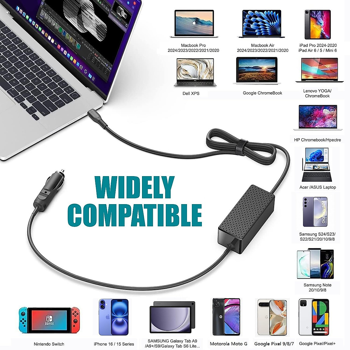 HKY Laptop Car Charger USB C PD 100W 95W 90W 65W 45W DC Adapter for Lenovo Thinkpad/Yoga/IdeaPad,Dell Latitude/XPS,LG Gram,MacBook Pro/Air,HP Spectre/Elitebook,Surface,Acer,Asus,MSI,Chromebook Charger