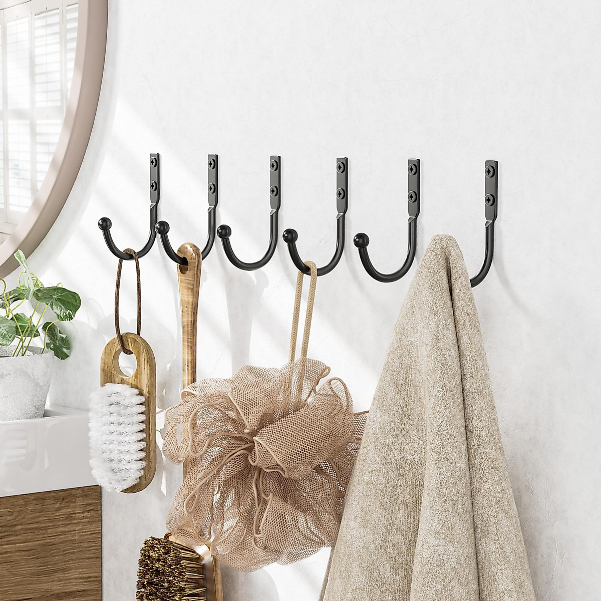 jockcaras Black Wall Hooks for Towel Storage: Holds up to 45 LBS, Larger Size for Bags, Coats, and Keys, Includes Extra Screws, Ideal for Bathroom, Kitchen, Bedroom (6 Pack)