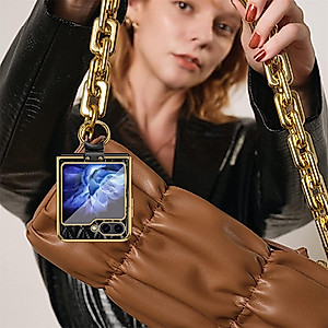 Soyeacrg Case for Samsung Galaxy Z Flip 5, Luxury Gold Plated Frame Quilted Leather Ultra Thin Folding Women Case with Ring Holder Camera Lens Protection Film for Samsung Z Flip 5 2023,Purple