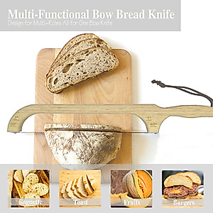 Arflo Wooden Bread Bow Knife - 16" Bread Bowl Knife - 420 Premium Stainless Steel Bread Saw with Protective Cover - Bread Knife for Homemade Bread - Sourdough Bread Knife
