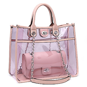 Large Clear Tote Bag PVC Top Handle Shoulder Bag 2 Pieces Set With Turn Lock Closure (Pink)