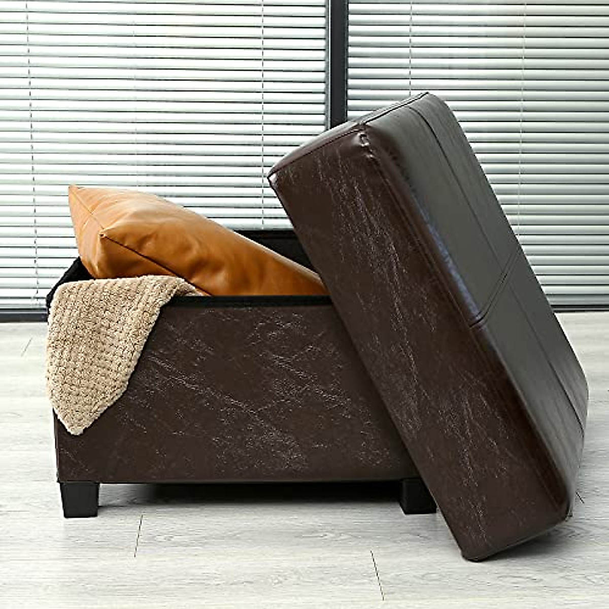 GLAXYFUR Folding Storage Bench, Cube PU Leather Footstool with Legs, Coffee Table, Ottoman with Storage for Living Room, 23.6 x 23.6 x15 Inches, Brown