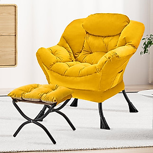 Congermom Lazy Chair with Folding Ottoman Modern Large Accent Chair,Contemporary Lounge Leisure Sofa Chair with Armrests Upholstered Sofa Armchair Reading Chair for Bedroom,Dorm & Office,Yellow