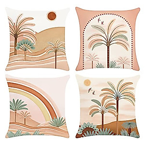 Bonhause Tropical Palm Tree Pillow Covers 18x18 Set of 4 Boho Arch Rainbow Decorative Pillows Case Soft Velvet for Couch Sofa Patio Garden Decor