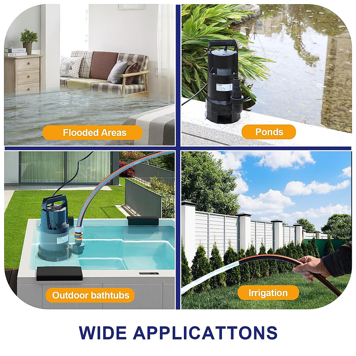 WASSERMANN 1/2HP Water Pump,3500GPH Submersible Thermoplastic Utility Pump with 10 FT Power Cord,Electric Portable Transfer Clean/Dirty Sump Pump for Swimming Pool Tubs Garden Ponds Draining