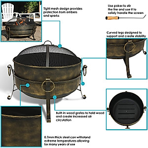 Sunnydaze 34" Cauldron Outdoor Fire Pit with Round Spark Screen, Fireplace Poker, and Metal Grate and Black 300D Polyester and PVC 36" Diameter Outdoor Round Fire Pit Cover Bundle