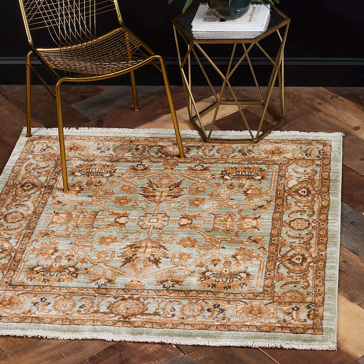 Unique Loom Dorchester Collection Botanical, Border, Traditional Area Rug (4' 5 x 4' 5 Square, Light Green/ Tan)