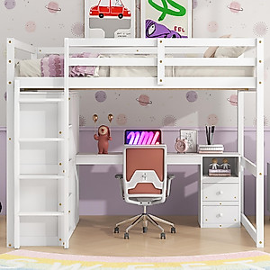 Full Size Loft Bed with Wardrobe and Desk, Wood Loft Bed Frame with Storage Shelves and Drawers for Adults Teens and Kids, White