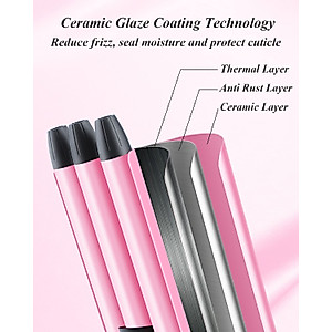 Mini Three Barrel Curling Iron, Small Curling Wand 1/2 Inch for Home and Travel, Ceramic Tourmaline Add Shine to Waves, Youuish Dual Voltage Hair Crimper, Pink