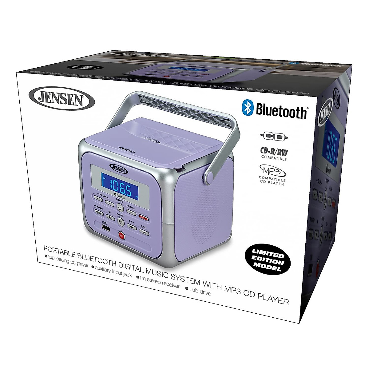 Jensen CD-660 Portable Stereo CD Player Boombox with Bluetooth | FM Radio | USB | Aux-in Headphone Jack | CD-R/RW MP3 Playback | (Lavender Purple)