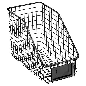 mDesign Slim Slanted Metal Kitchen Food Storage Organizer Bin Basket, Label Slot for Cabinet, Countertop, Pantry, Holder Container for Produce, Fruit, Vegetable, Omaha Collection - Matte Black