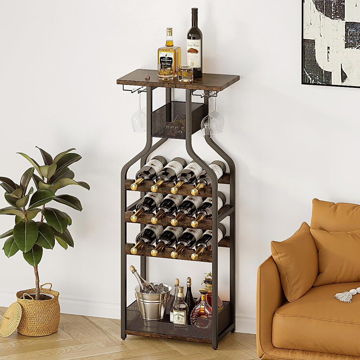 GAOMON Metal Wine Rack Wine Bottle Holders Stands Freestanding Floor, Wine Storage Organizer Display Rack Table Wine Glass Rack for Bar Kitchen Dining Living Room, Small Spaces (Rustic Brown)