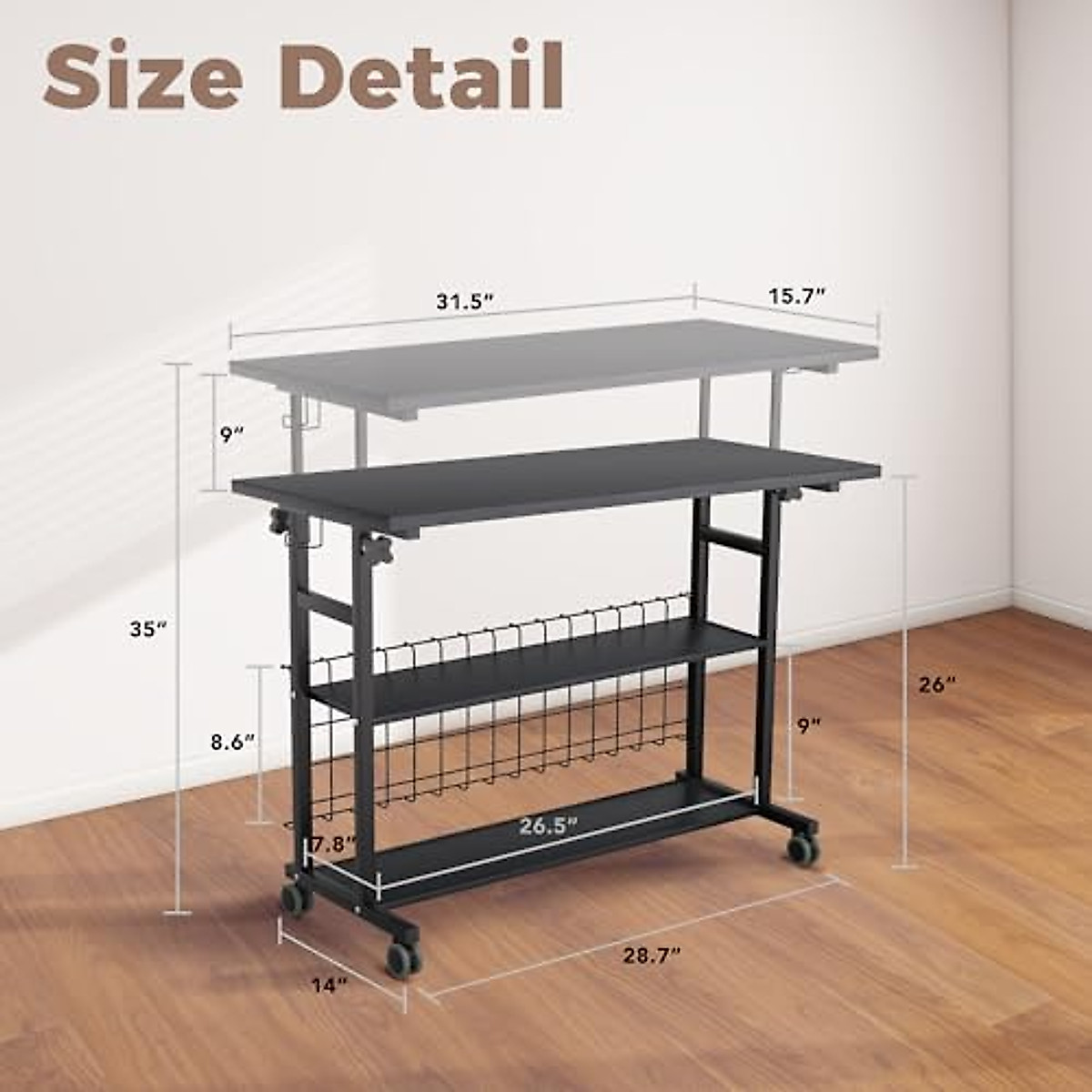 AIZ Laptop Storage for Small Spaces Mobile Rolling Computer Table on Wheels for Couch Bedrooms Portable Student Desk Black 31.5’’x15.7