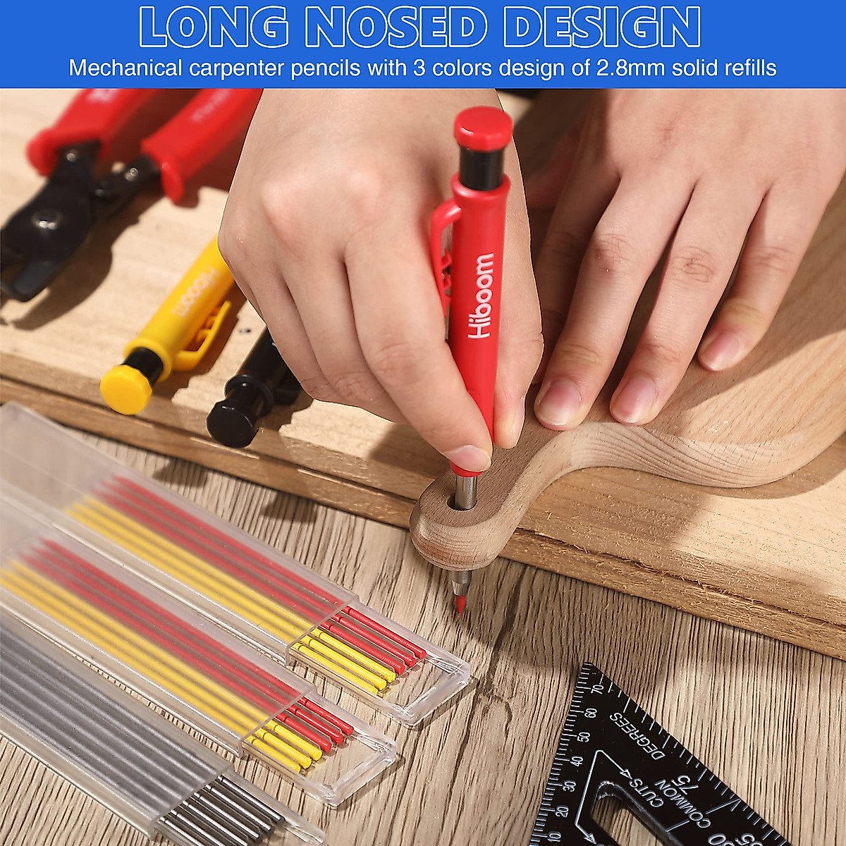 Hiboom 8 Pack Carpenter Pencil Set, 3 Colorful Solid Carpenter Pencils with Sharpener and Refills, Automatic Center Punch, Carbide Scribe Tool Kit for Construction Woodworking