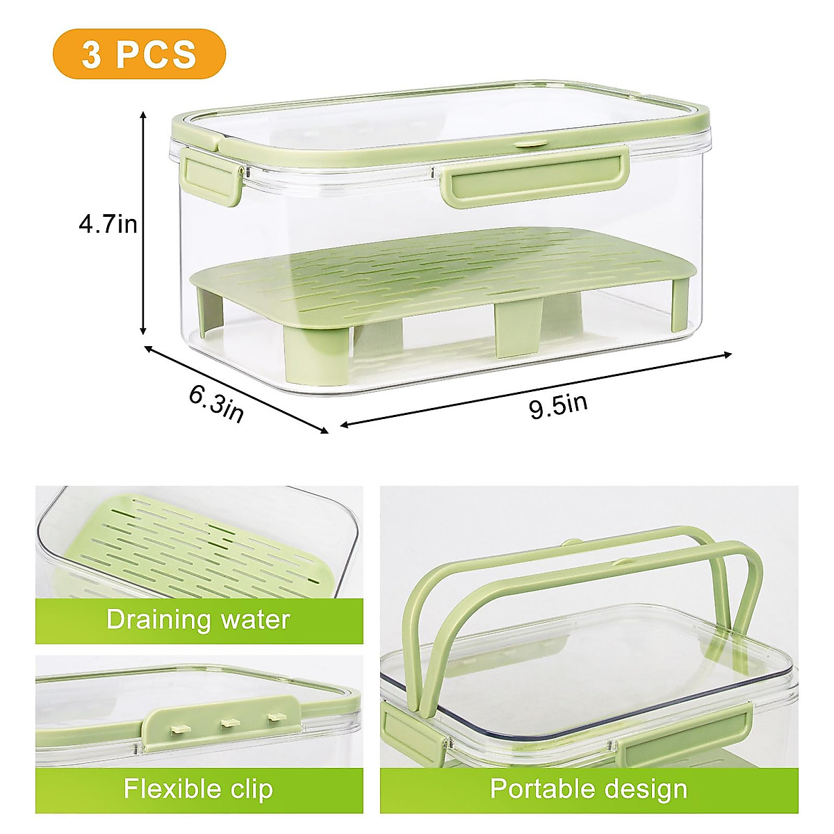 YUNLINLI 3 Pcs Large Fruit Storage Containers For Fridge with Removable Colanders, Airtight Food Storage Containers with Lids, Reusable Produce Saver with Handle, Stackable Plastic Fruit Veggie Saver