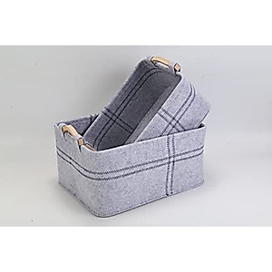 Set of 2 Hand Woven Fabric Storage Baskets with Wooden Handle Cubic Storage Box, Suitable for Home Wardrobe, Clothes, Toys, Shelf Organization and Decorative Baskets