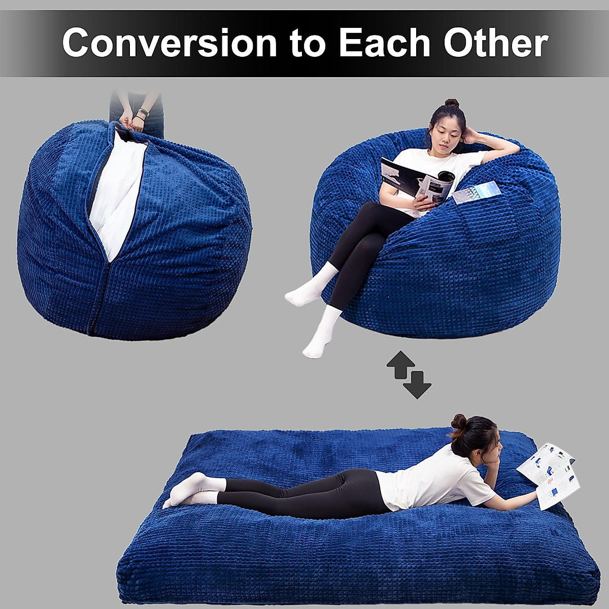 N&V Bean Bag Chair/Bed Transformable Giant with Washable Plush Velvet (Blue, Full)